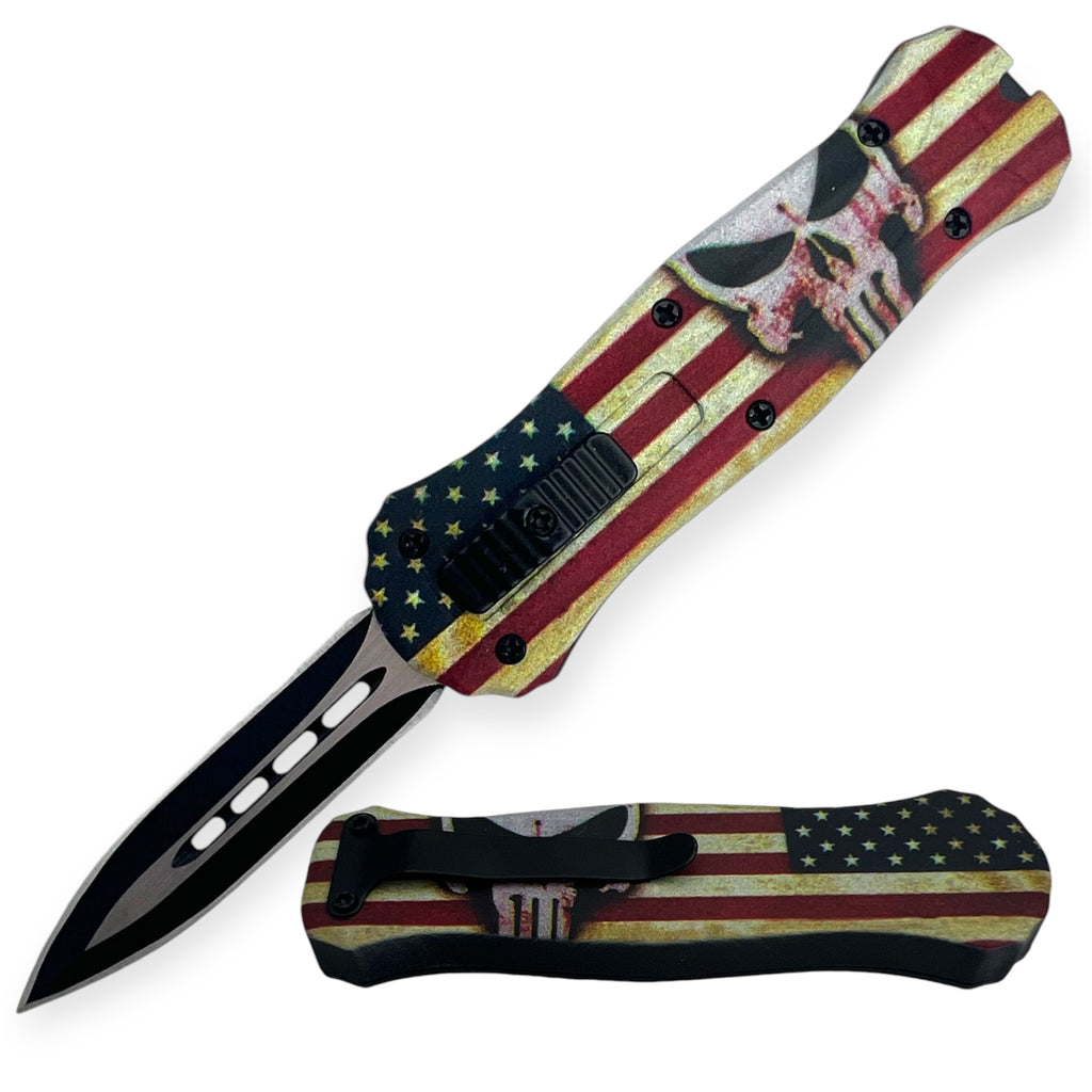 Mini OTF Pocket Knife | American Flag Skull – AnyTime Blades