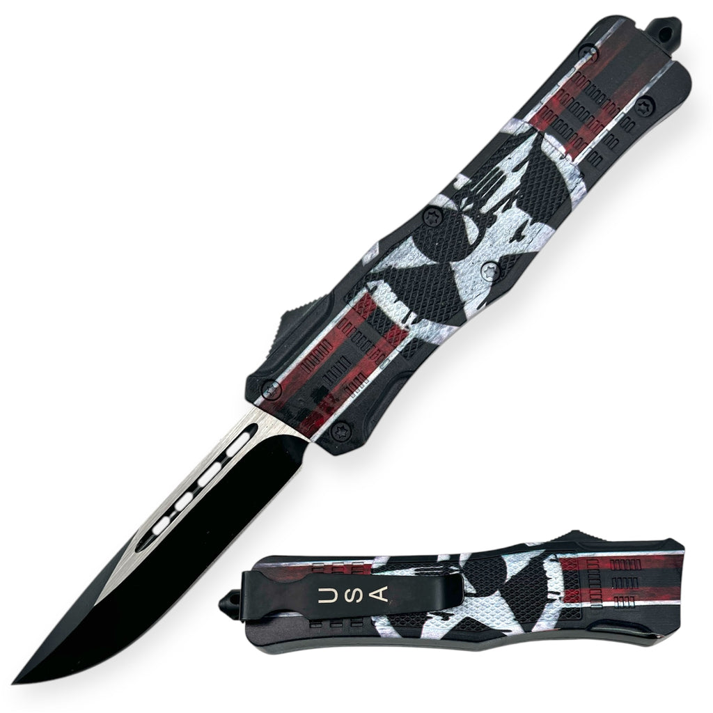 Out The Front Auto Knife Star/Skull Drop Point – AnyTime Blades
