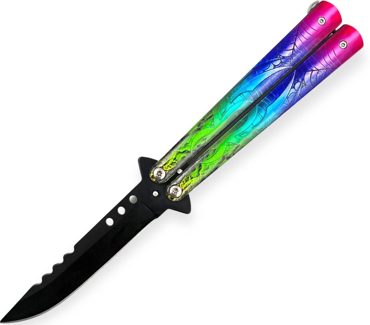 9" Rainbow Balisong Butterfly Knife -Spider Imprint – AnyTime Blades