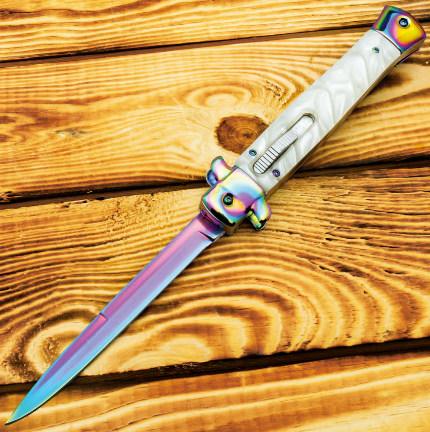 Rainbow Automatic OTF Stiletto Pocket Knife – AnyTime Blades