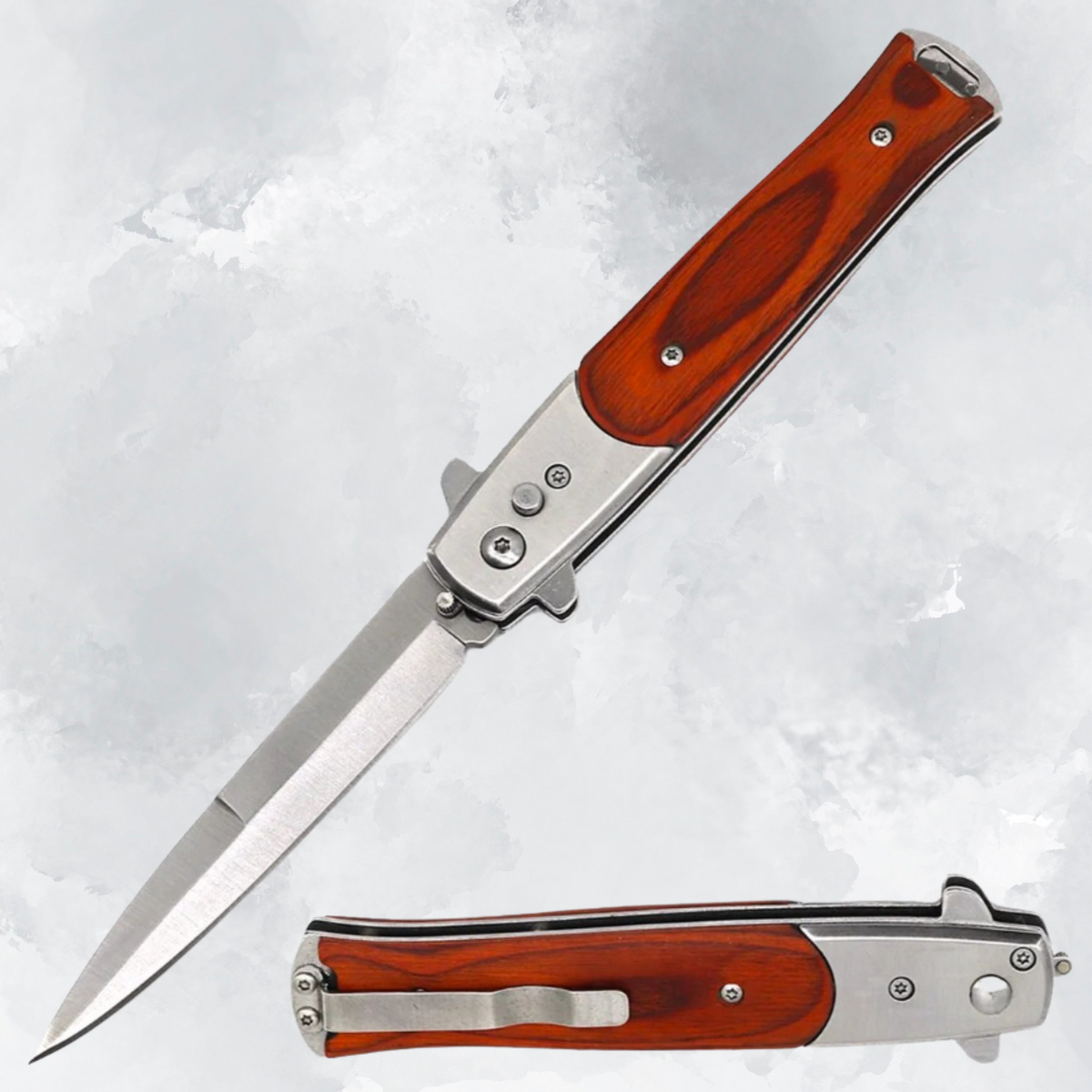 8.75 inch Automatic Stiletto Switchblade Wood - Push Button – AnyTime ...