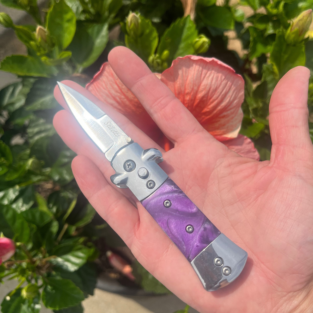 Miniature Purple Novelty Push Button Stiletto Knife – AnyTime Blades